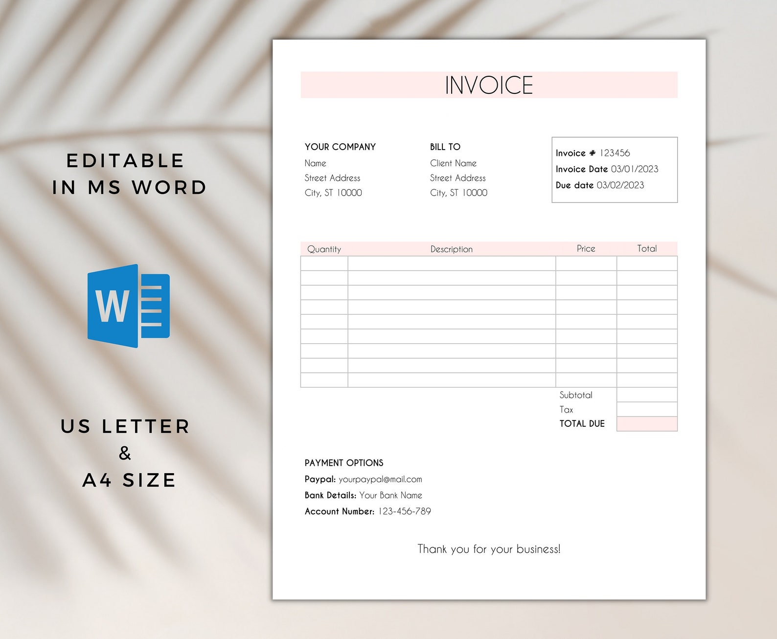 Invoice Template Word / Pink Billing Form / Editable / Instant | Etsy