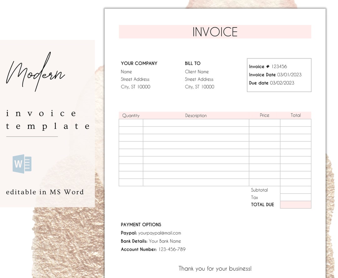 Invoice Template Word / Pink Billing Form / Editable / Instant - Etsy UK