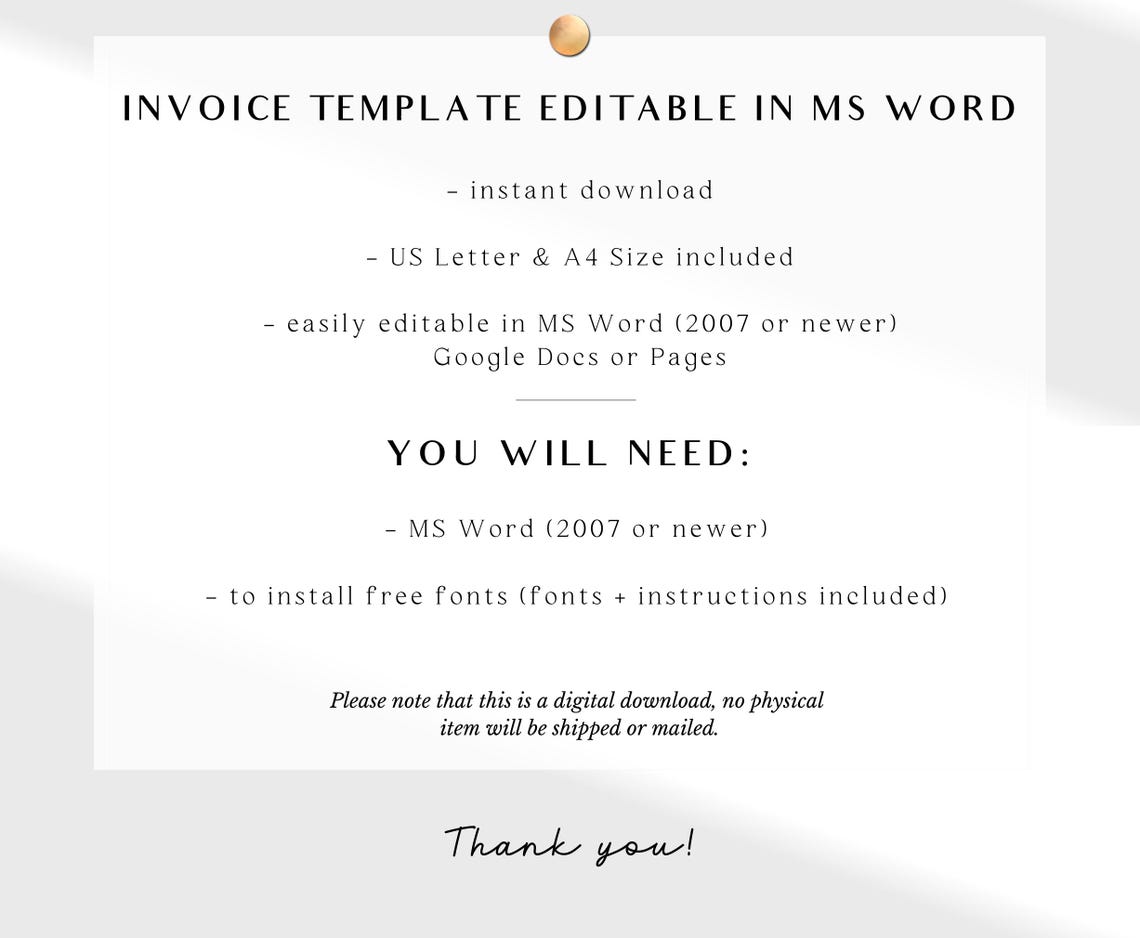 Editable Invoice Template | Microsoft Word | Printable & Customizable ...