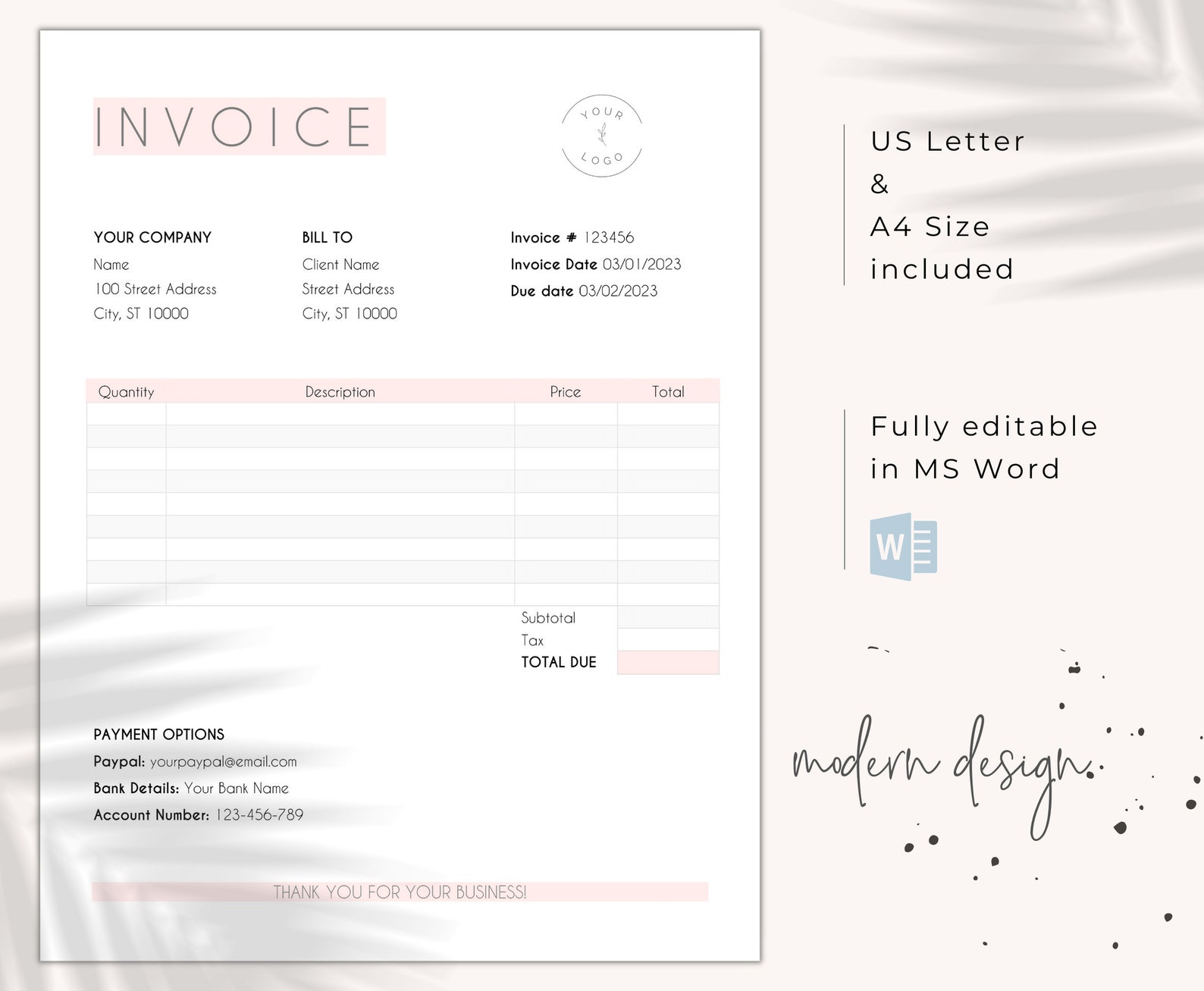 Invoice Template Word / Logo / Billing Form / Editable / Instant ...