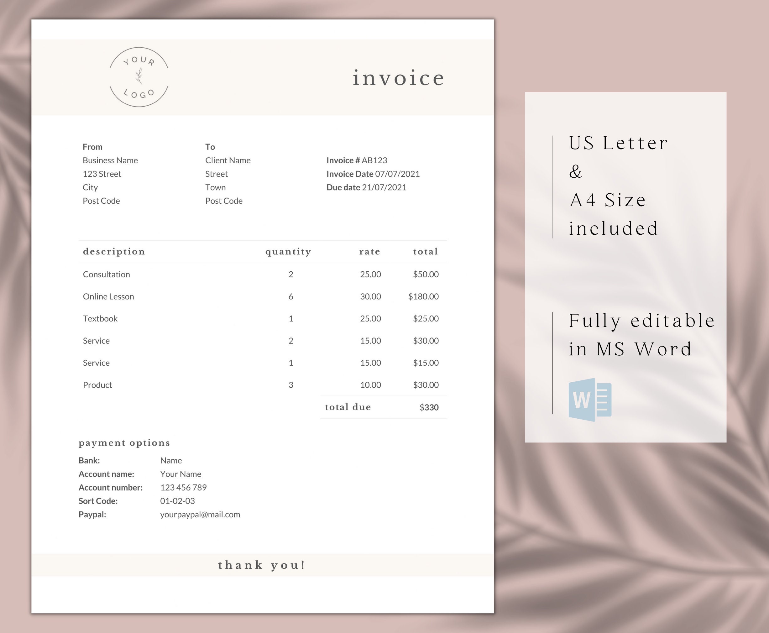 Invoice Template Word / Modern Ivory Billing Form / Editable / Instant ...
