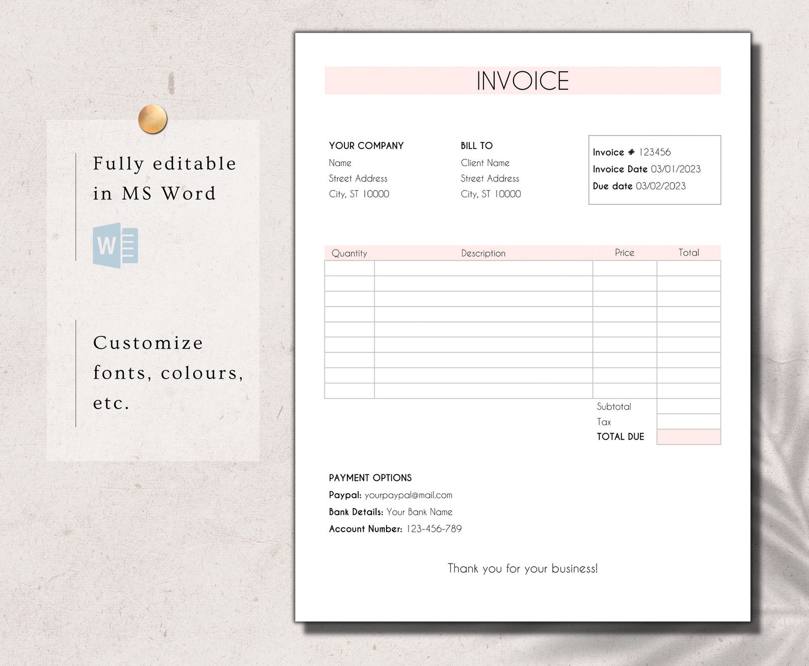 Invoice Template Word / Pink Billing Form / Editable / Instant Download ...