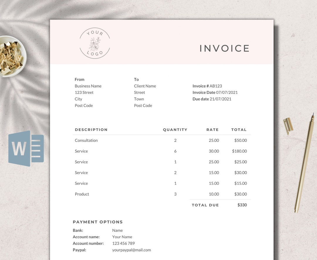 Invoice Template Word / Blush Pink Billing Form / Editable / Instant ...