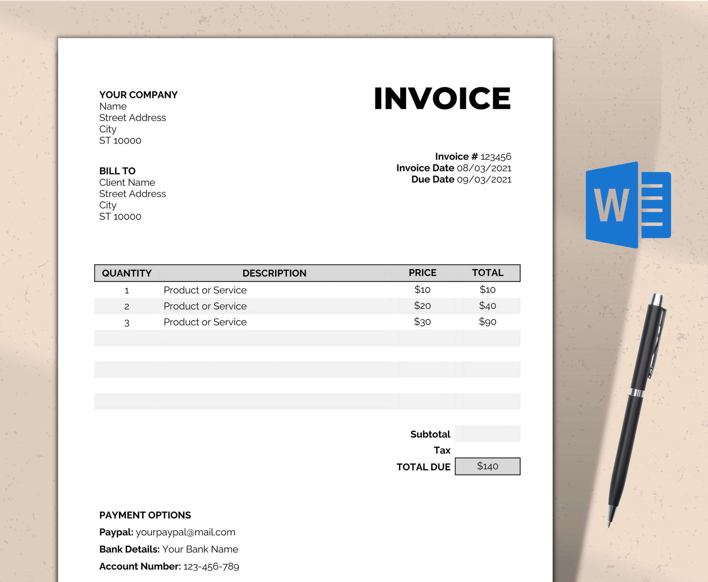 Invoice Template Word / Basic Billing Form / Editable / Instant ...