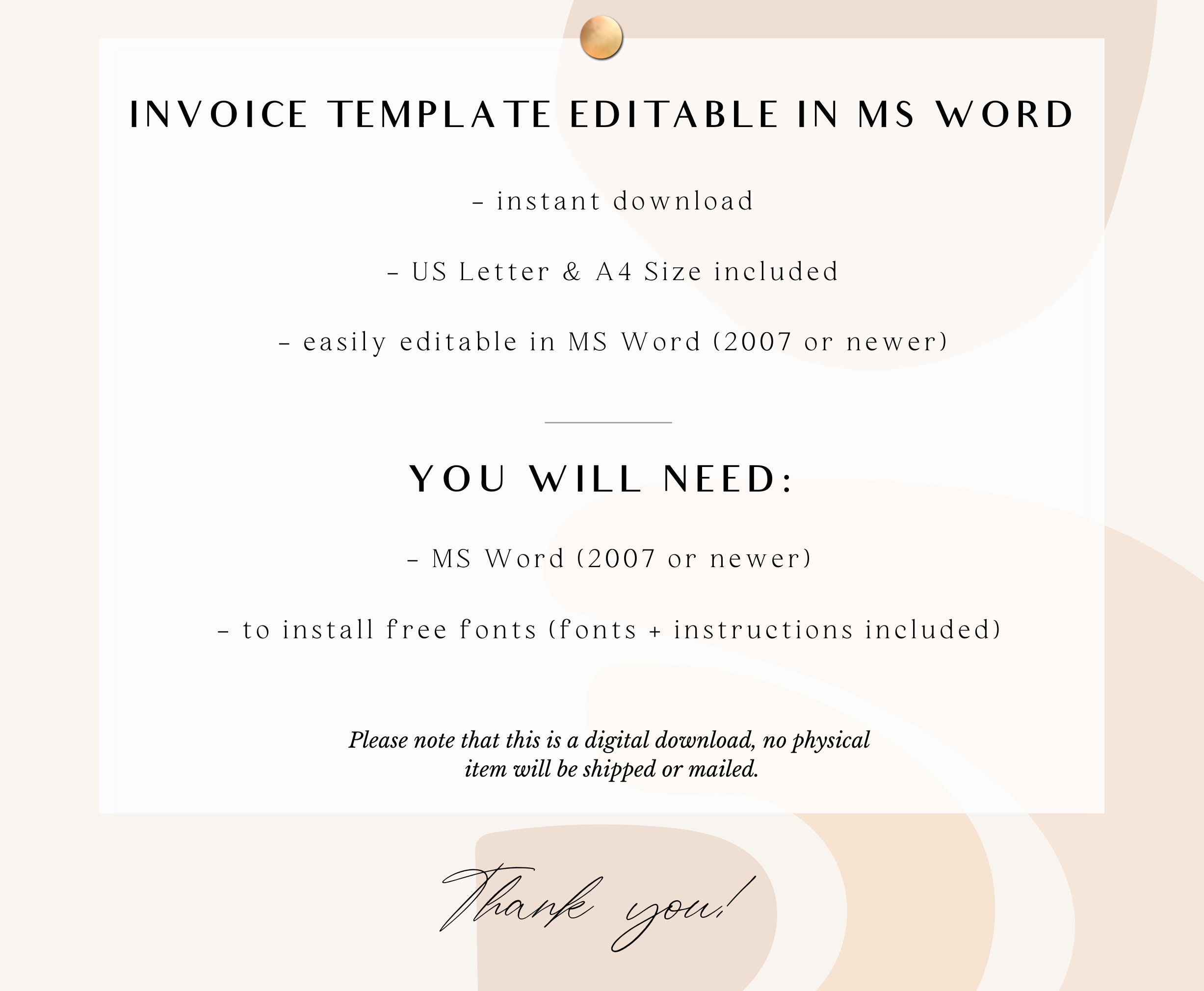 Invoice Template Word Simple Billing Form Editable Instant