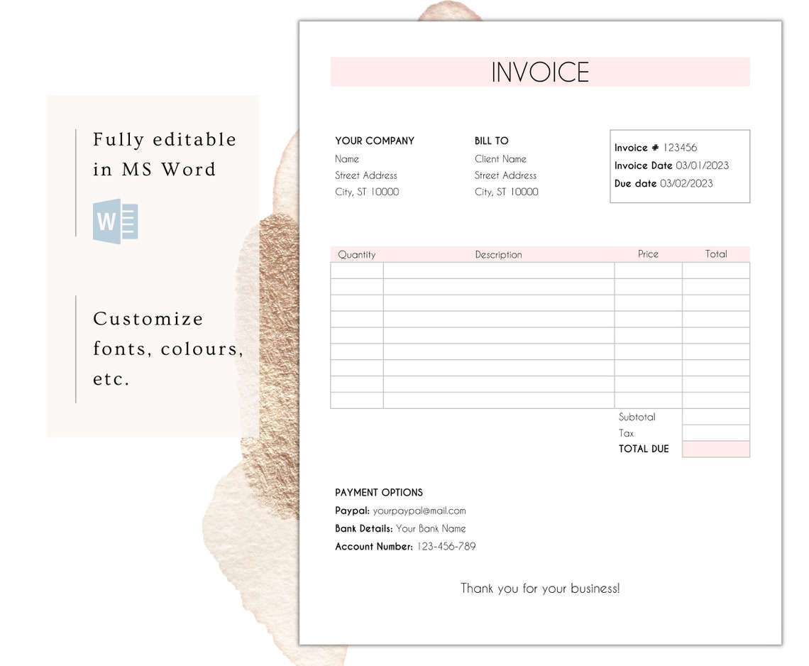 Invoice Template Word / Pink Billing Form / Editable / Instant - Etsy UK