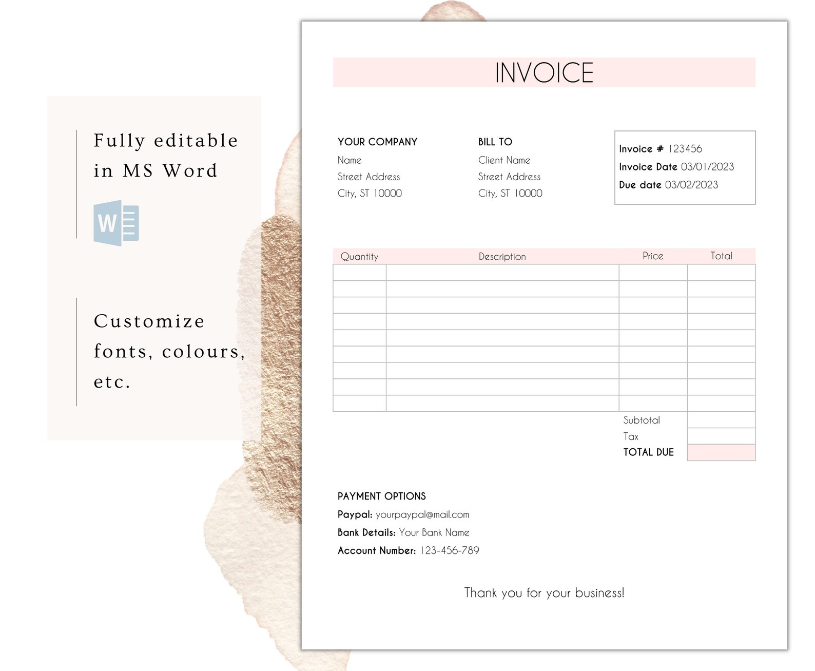 Invoice Template Word / Pink Billing Form / Editable / Instant | Etsy
