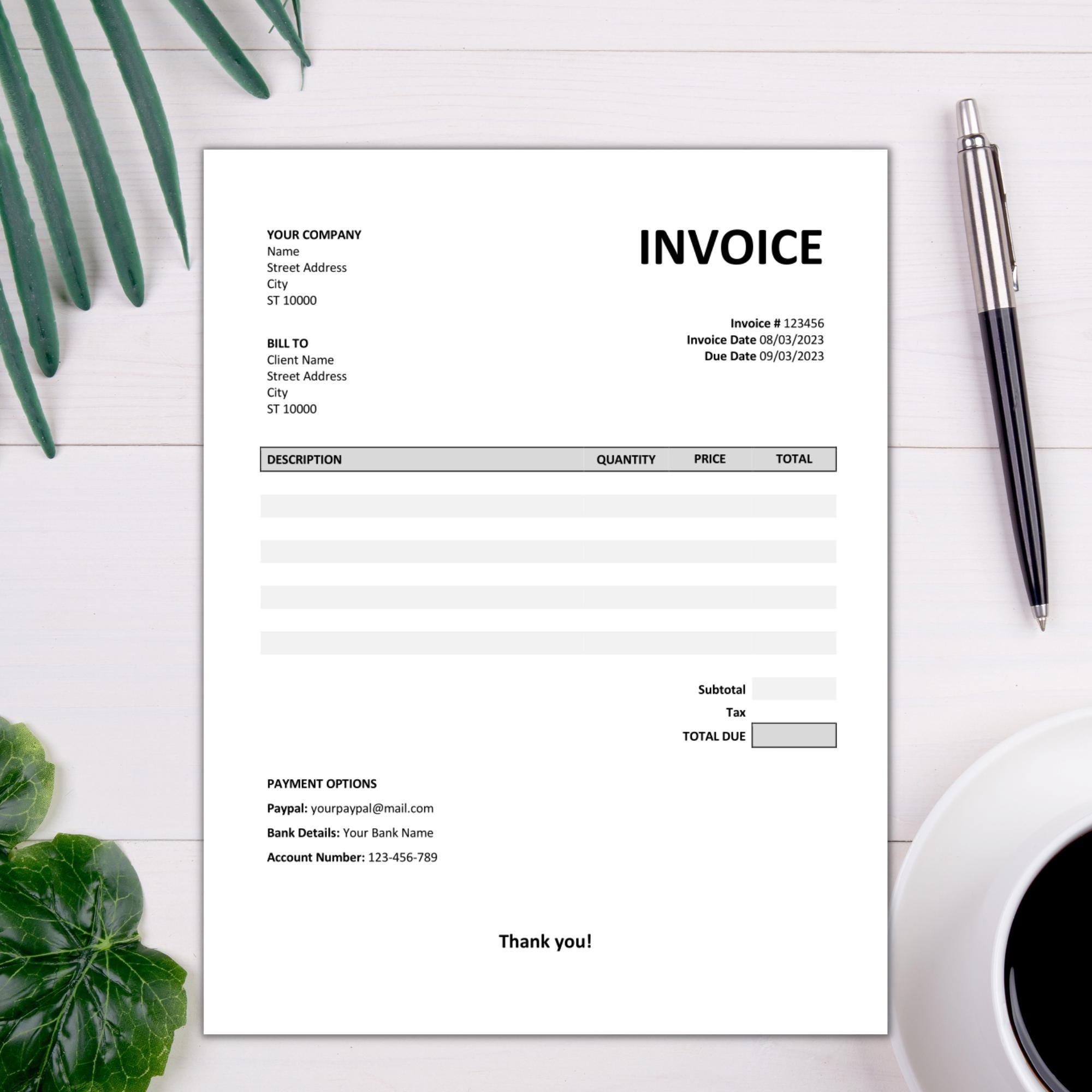 Basic Invoice Template for MS Word | Editable Billing Form | Printable ...