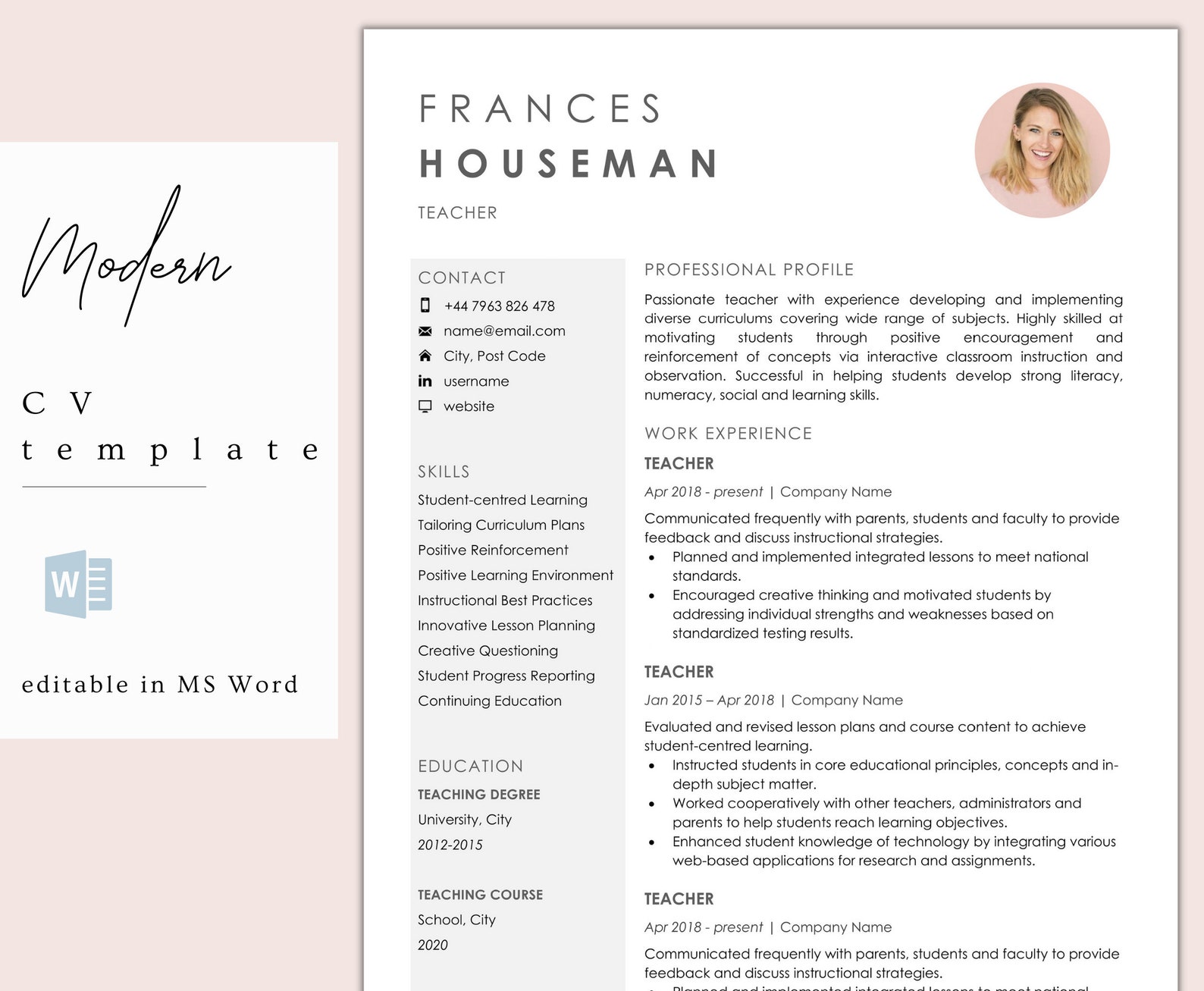 CV & Cover Letter Template | Word Teacher Resume | 2 Pages - Etsy