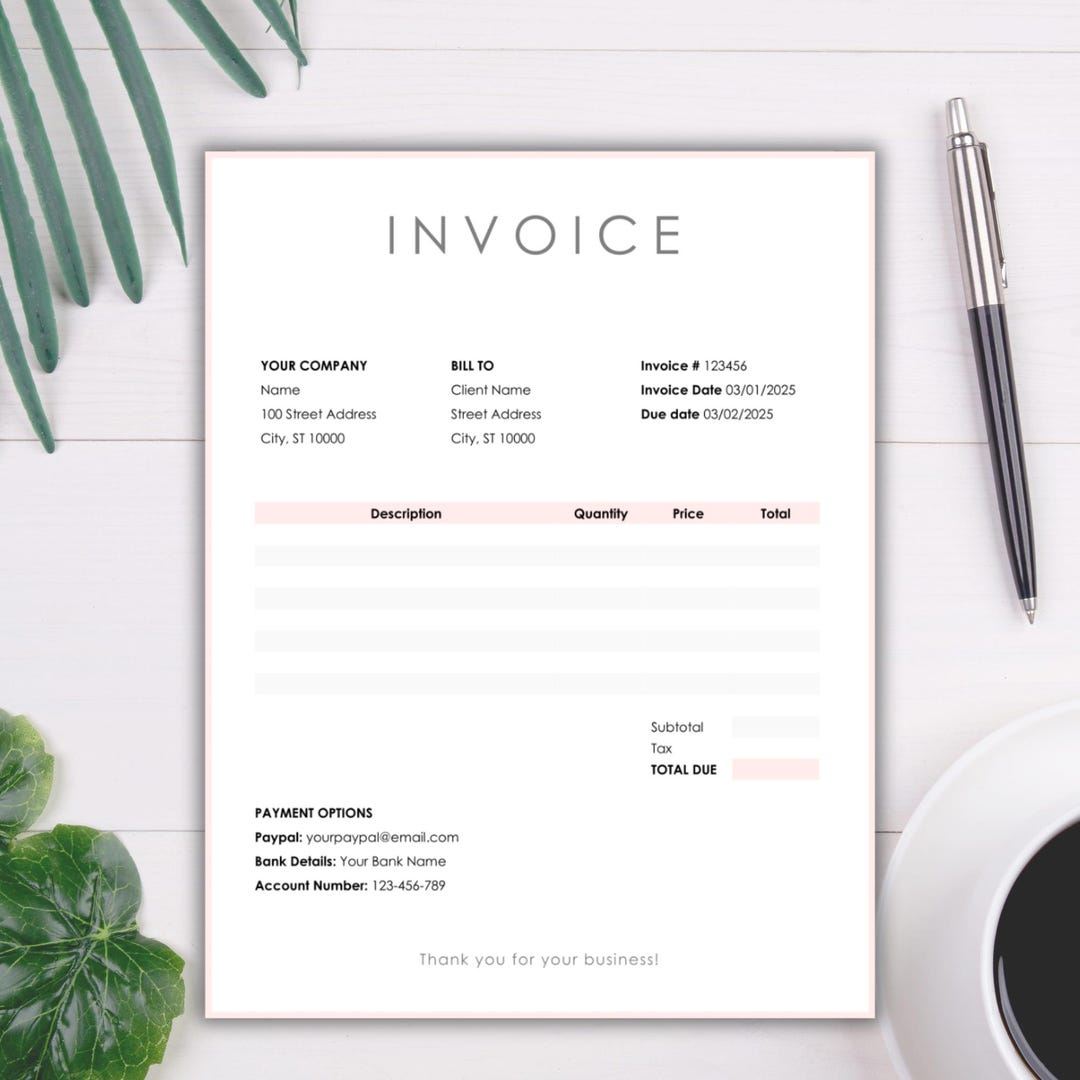 Feminine Invoice Template | Printable MS Word Billing Form | Cute Small ...