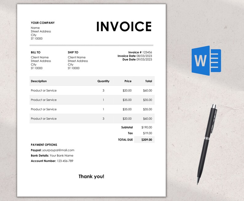 Editable Invoice Template | Microsoft Word | Printable & Customizable ...