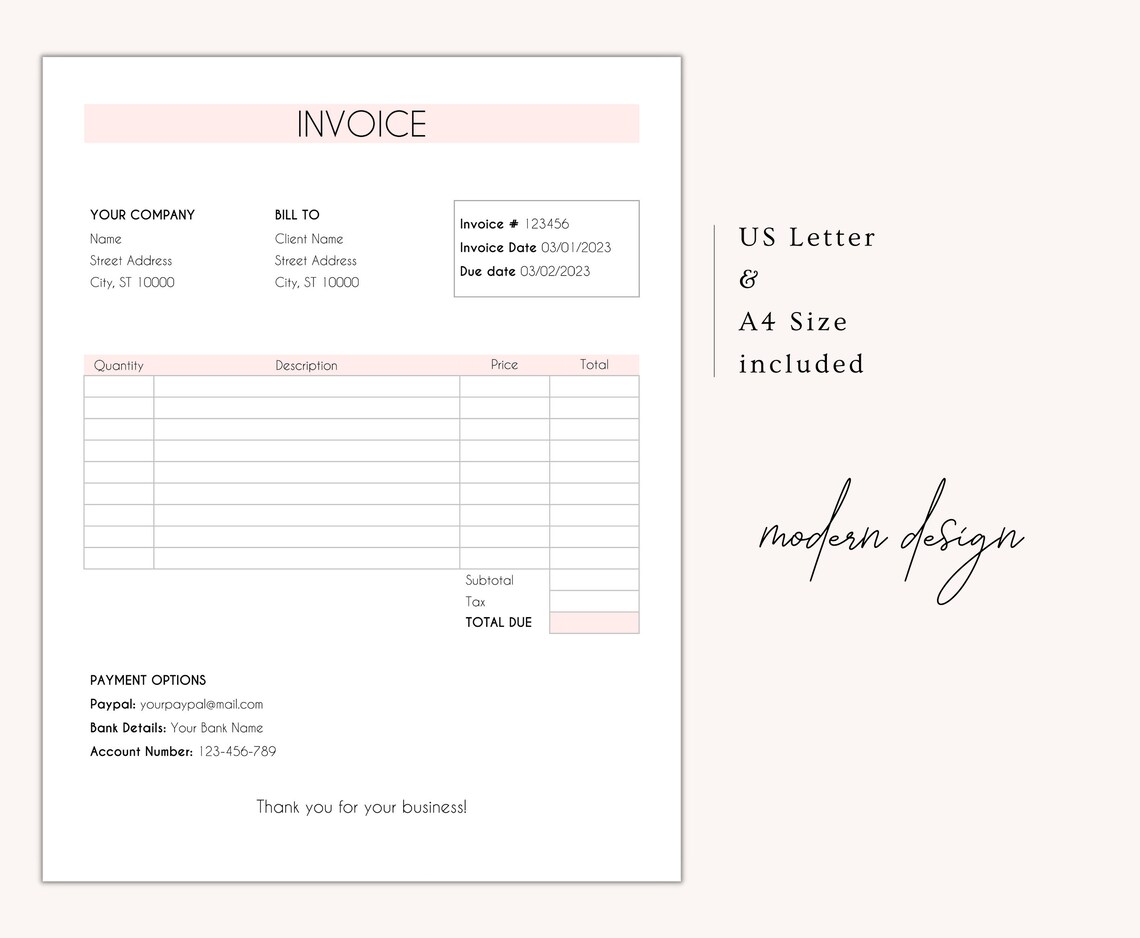 Invoice Template Word / Pink Billing Form / Editable / Instant | Etsy