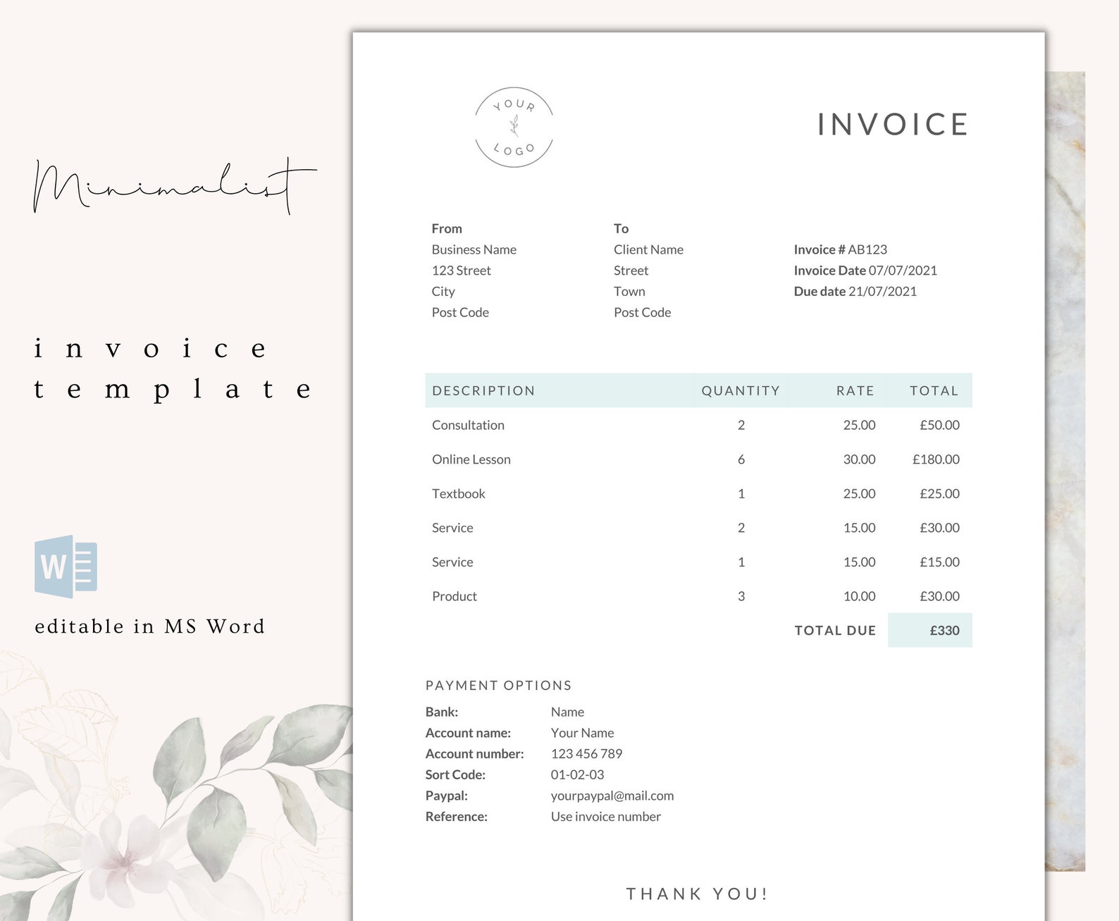 Invoice Template Word / Blue Billing Form / Editable / Instant Download ...