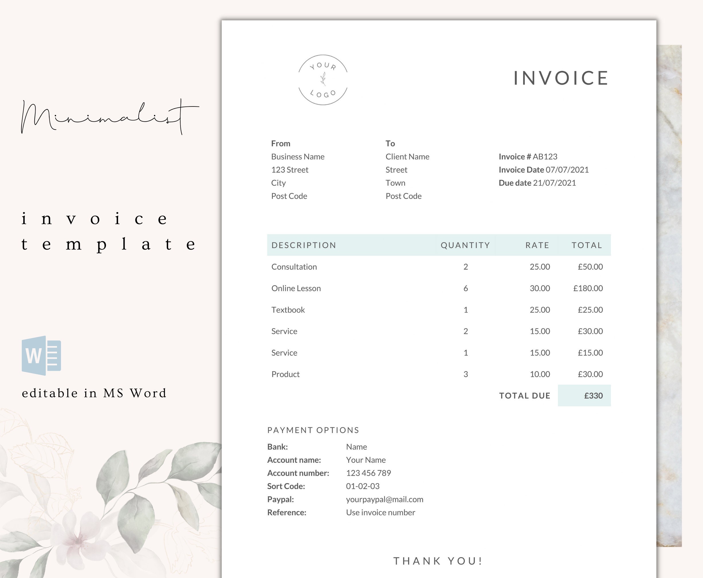 Invoice Template Word / Blue Billing Form / Editable / Instant Download ...