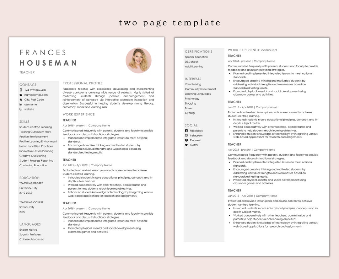 CV & Cover Letter Template | Word Teacher Resume | 2 Pages - Etsy