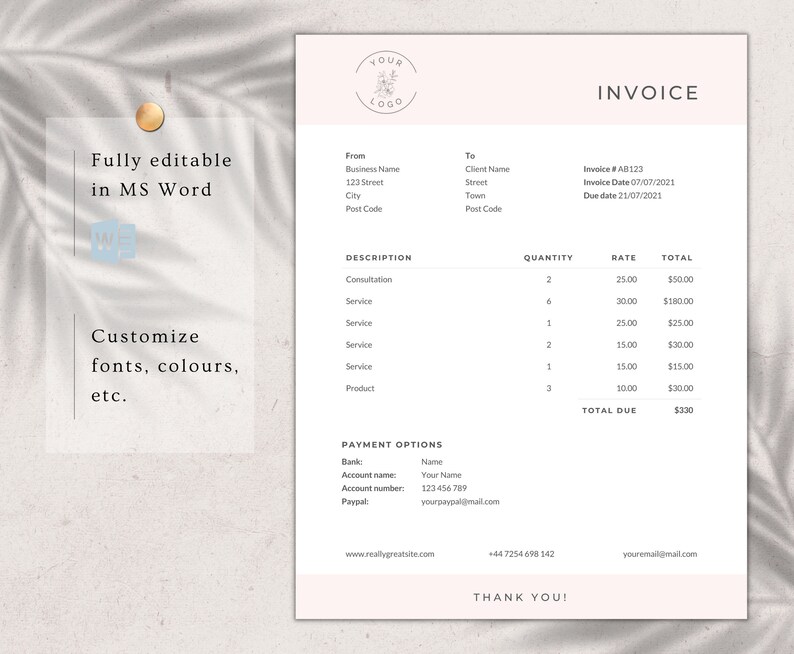 Invoice Template Word / Blush Pink Billing Form / Editable / Instant ...
