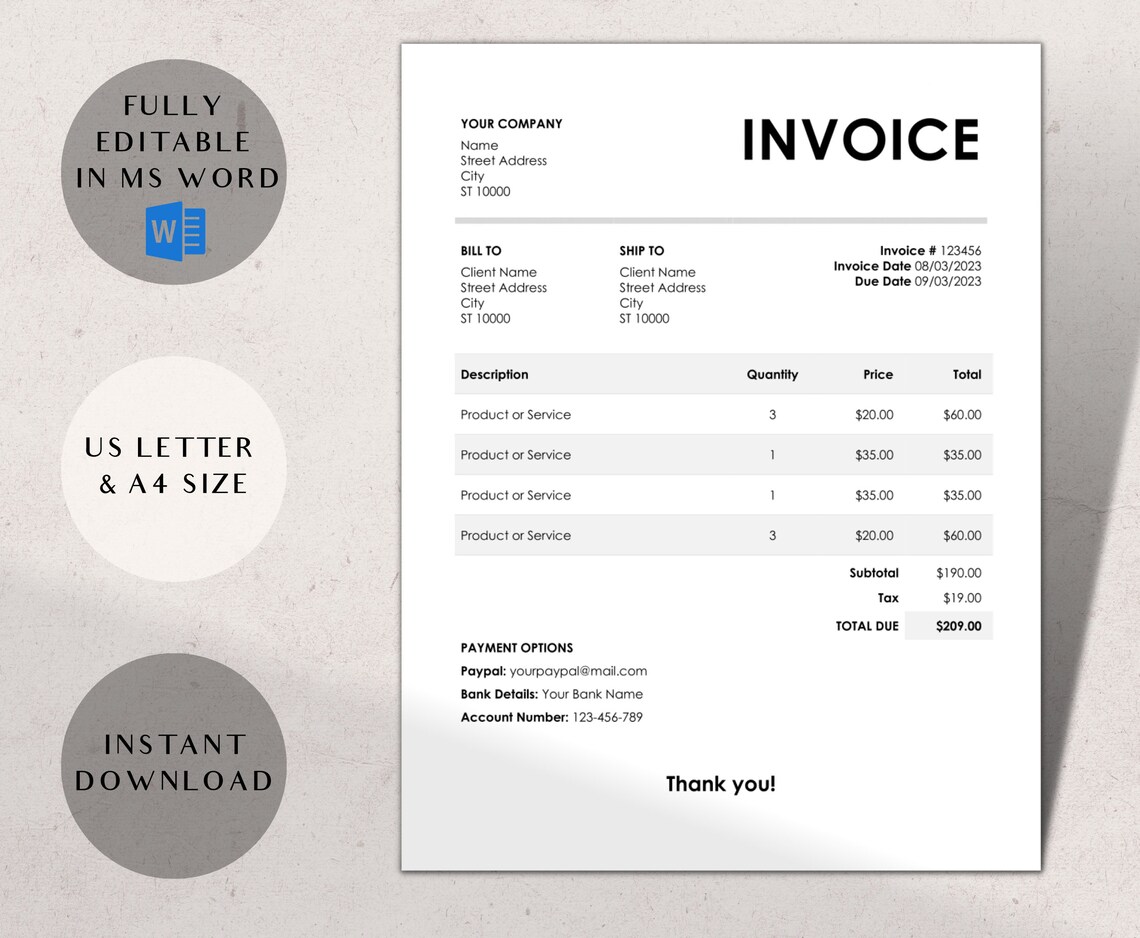 Editable Invoice Template | Microsoft Word | Printable & Customizable ...