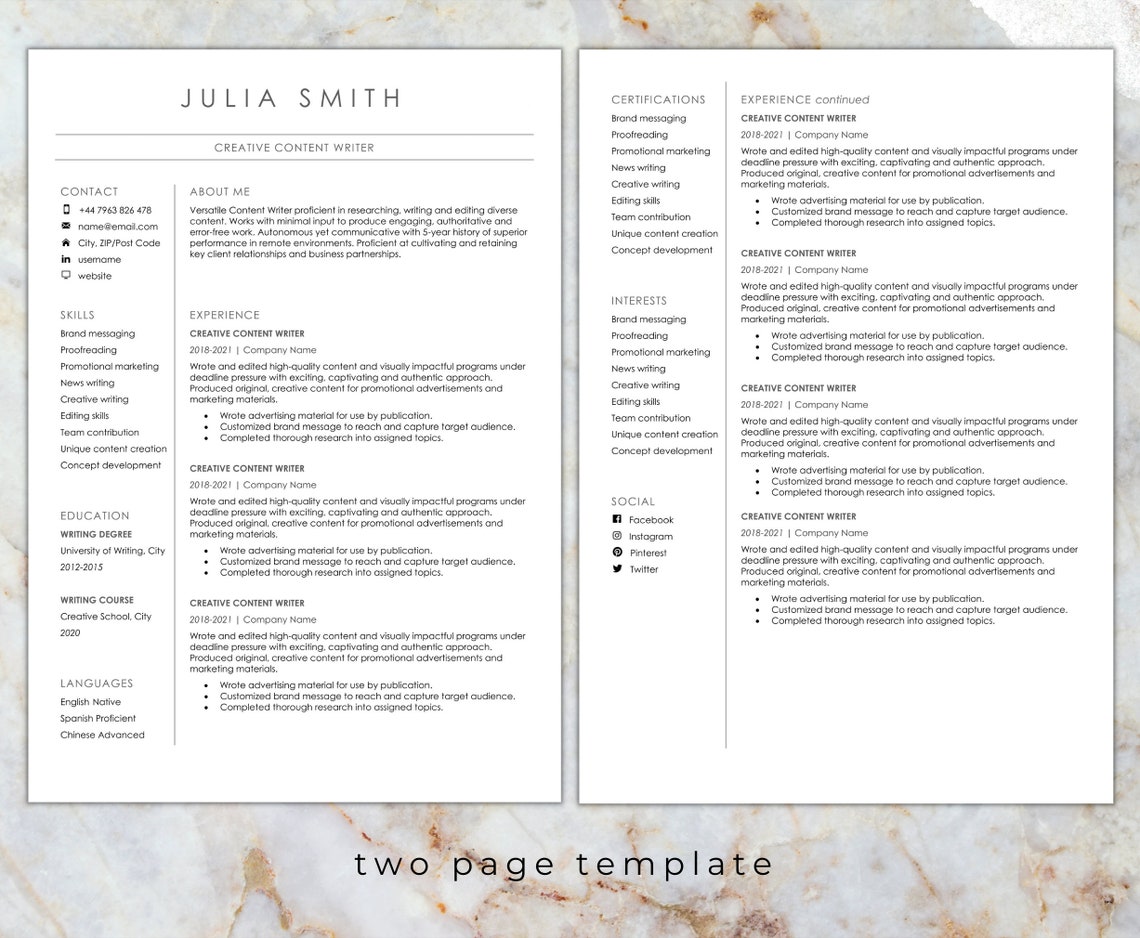 CV Template Word / Resume & Cover Letter / 2 Pages - Etsy Canada