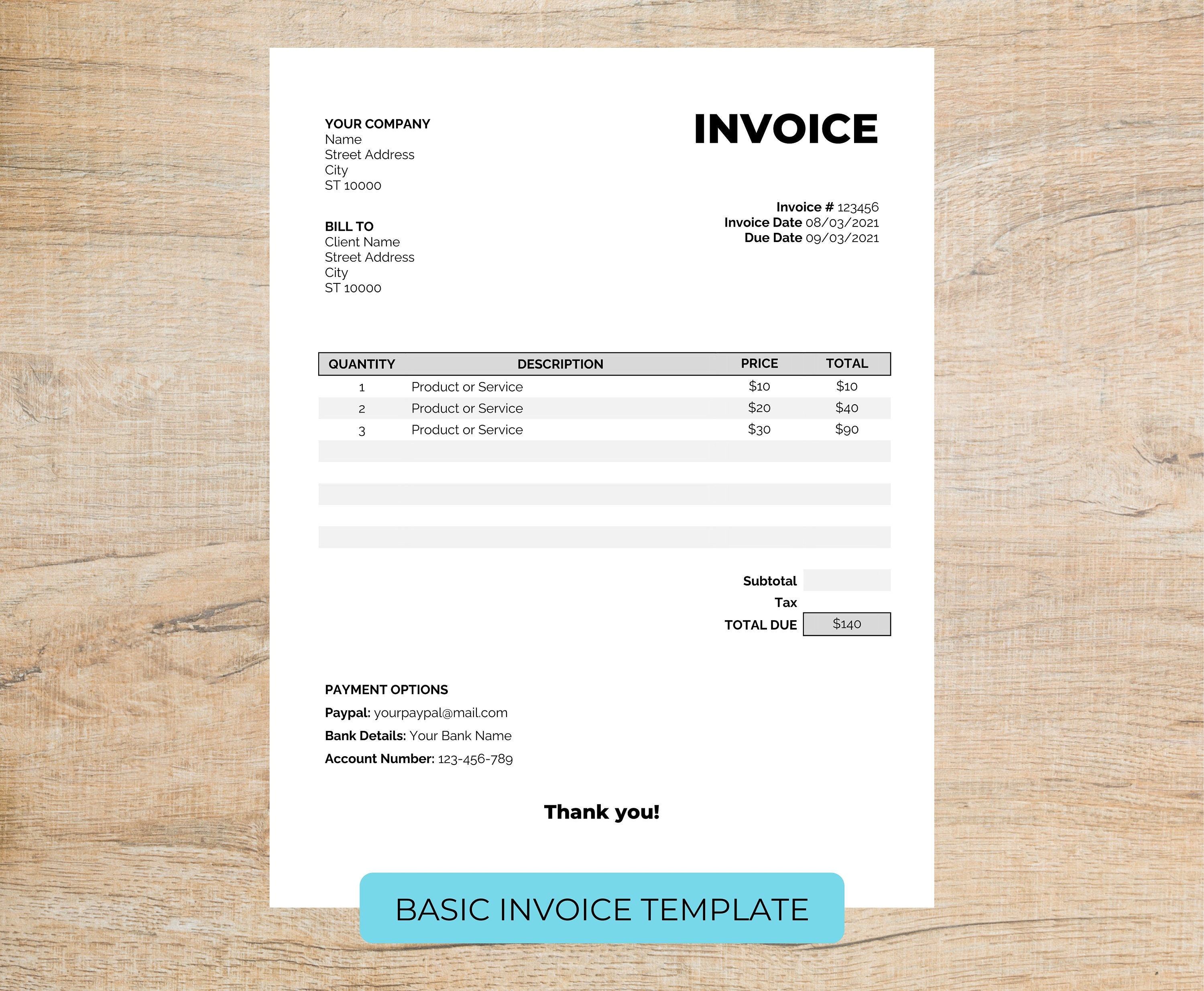 Invoice Template Word / Basic Billing Form / Editable / | Etsy