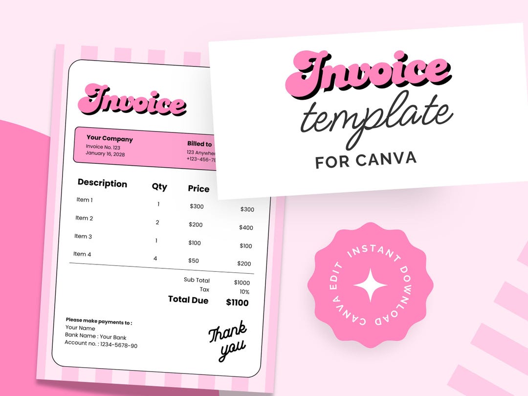 Retro Coquette Pink Invoice Template | Editable Canva, Small Business ...