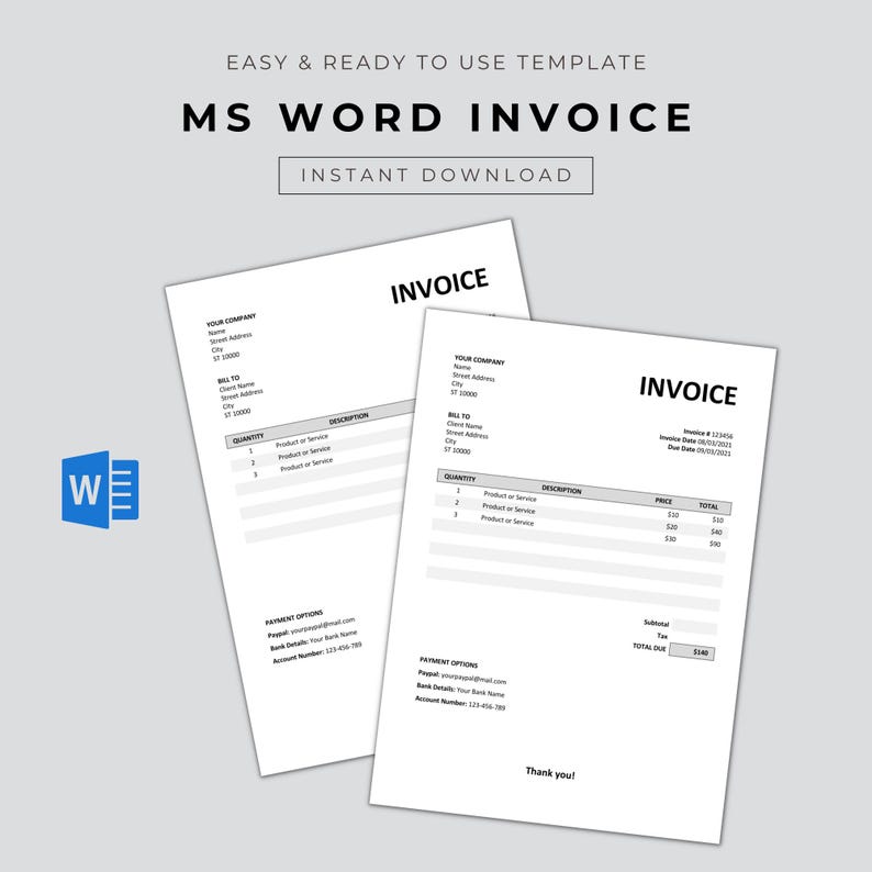 Basic Invoice Template for MS Word | Editable Billing Form | Printable ...