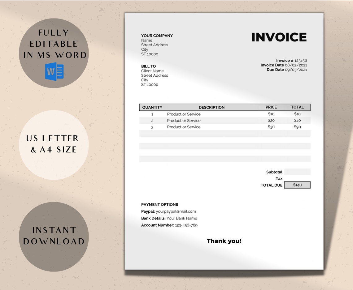Invoice Template Word / Basic Billing Form / Editable / Instant ...