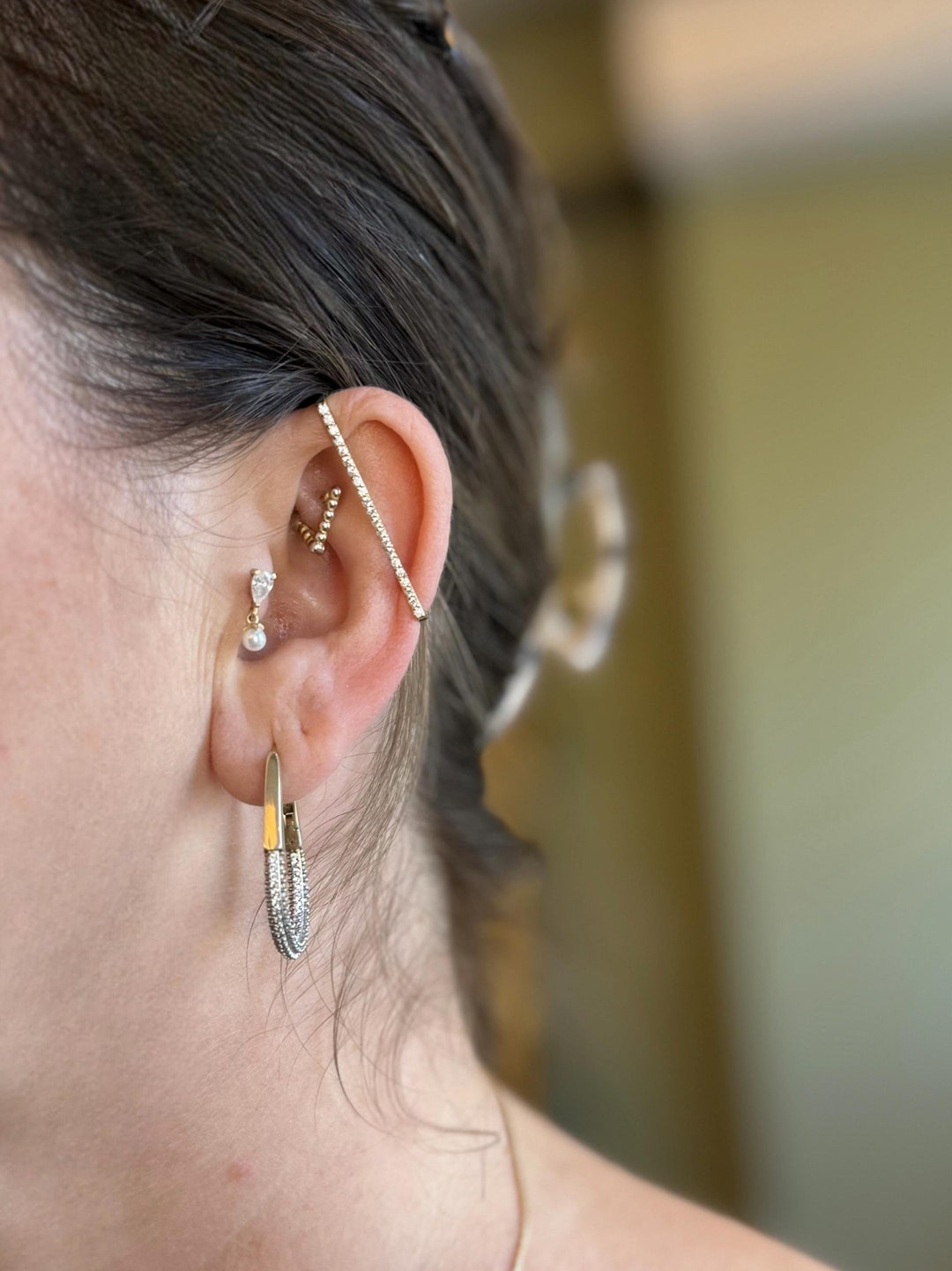 14K Gold Bar Ear Cuff, Single half Pair Faux Piercing, Non Pierced ...