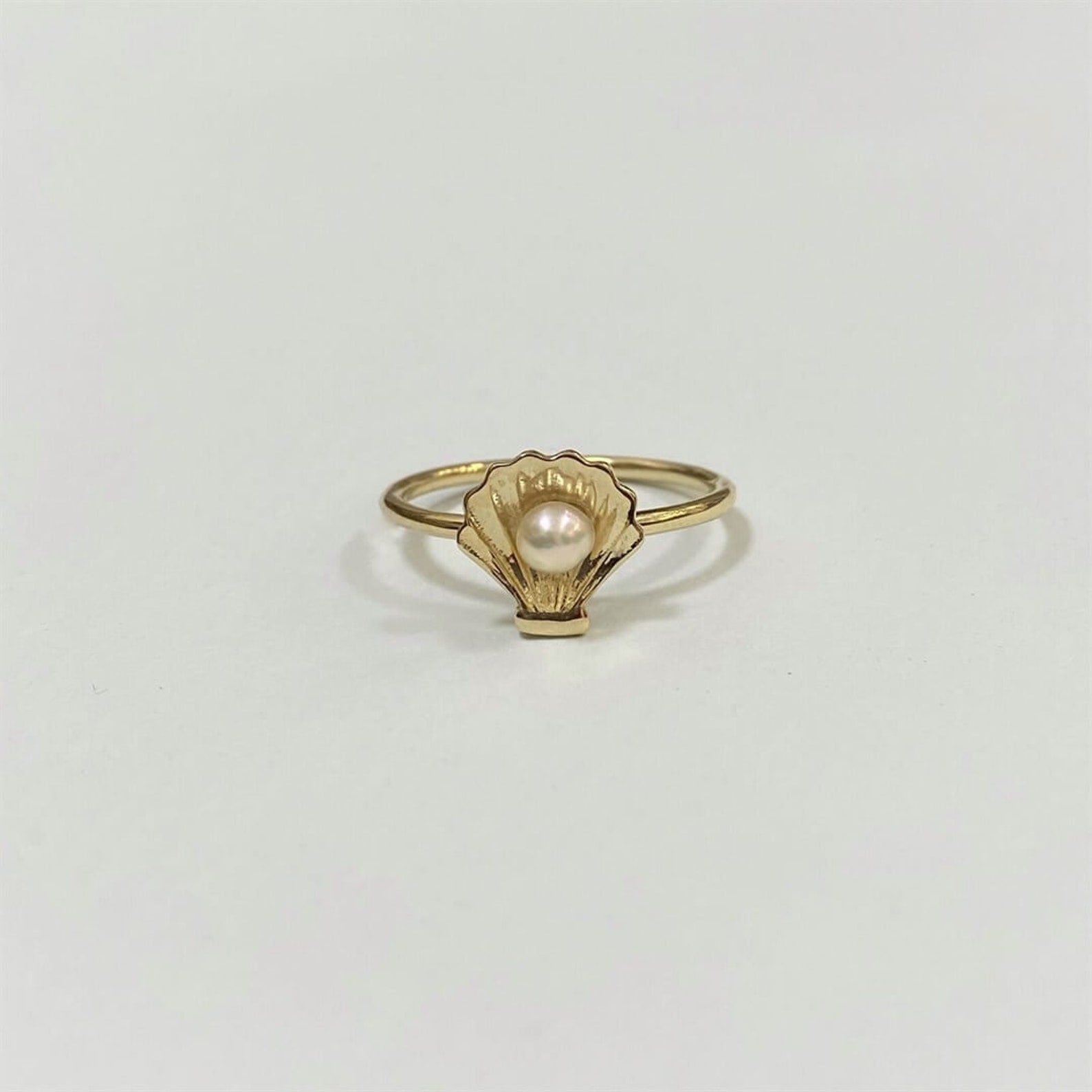 14K Solid Gold Real Pearl in Sea Shell Ring Oceanic Beach - Etsy