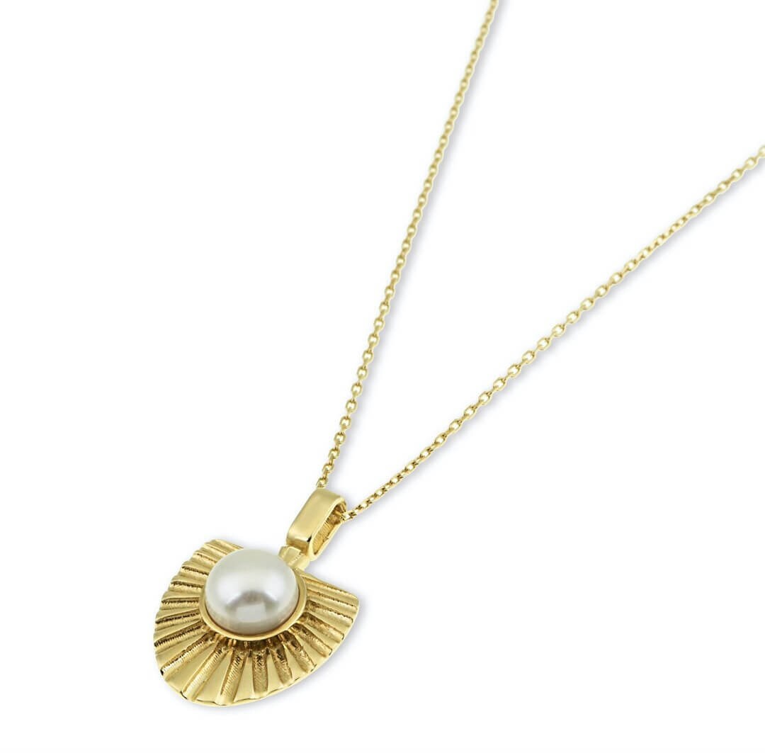 14K Solid Gold Pearl in Sea Shell Necklace Oceanic Beach - Etsy