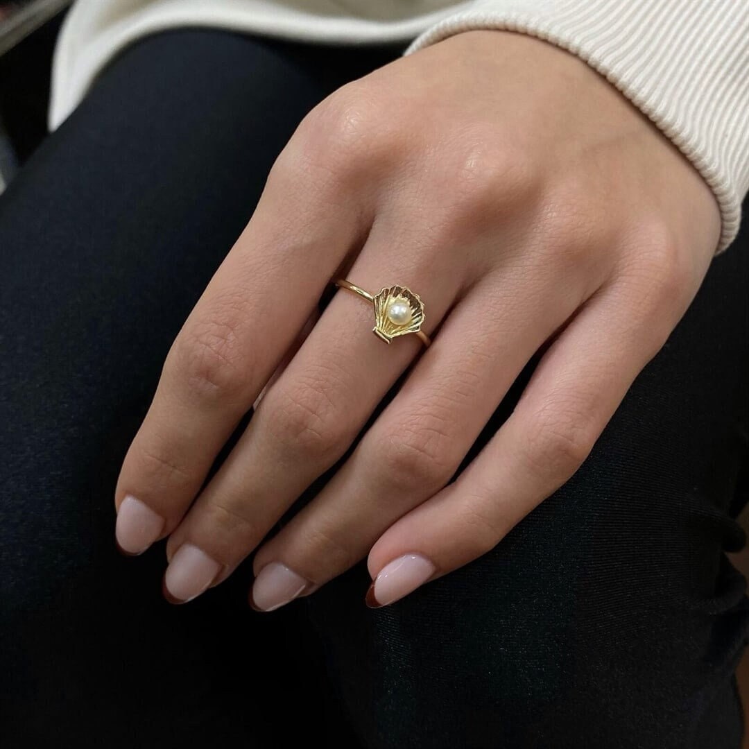 14K Solid Gold Real Pearl in Sea Shell Ring, Oceanic Beach Ring ...