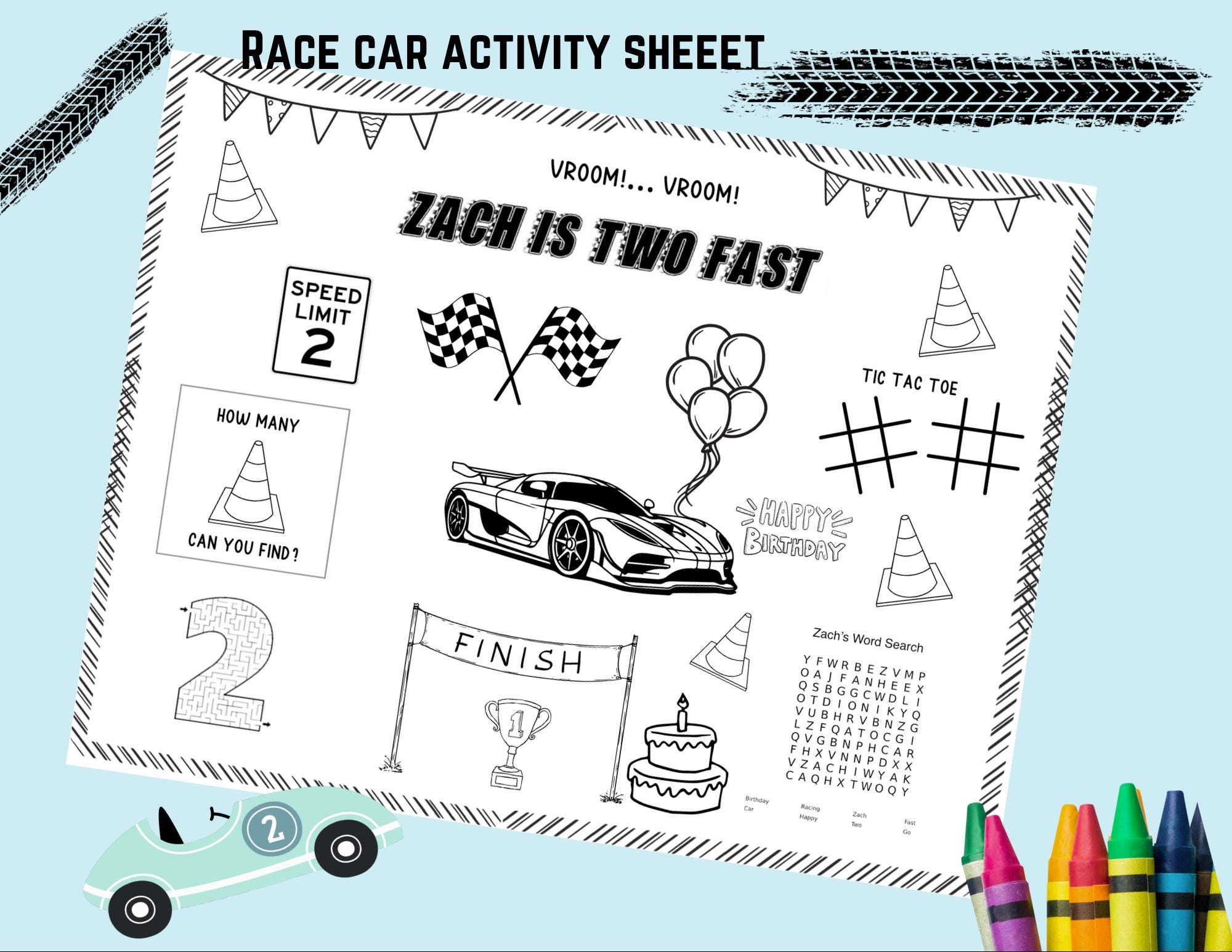 Two Fast Race Car Activity Sheet - Etsy