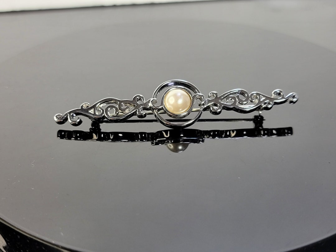 Vintage MONET Silver Tone Pearl Bar Brooch, Classic 1950s Style MONET ...
