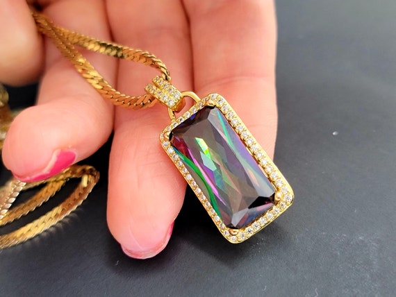 Rectangular rainbow crystal pendant necklace,colorful… - Gem