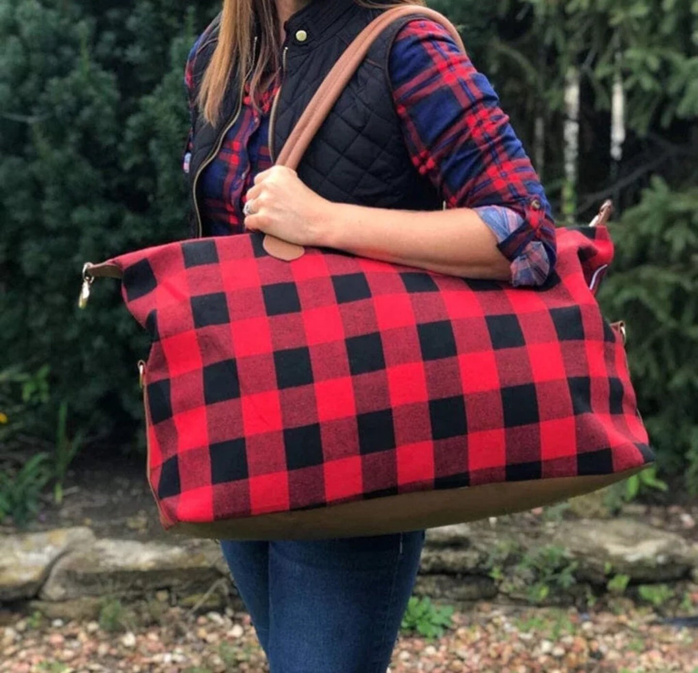 Red Buffalo Plaid Weekender Tote Overnight Bag With Shoulder Strap ...