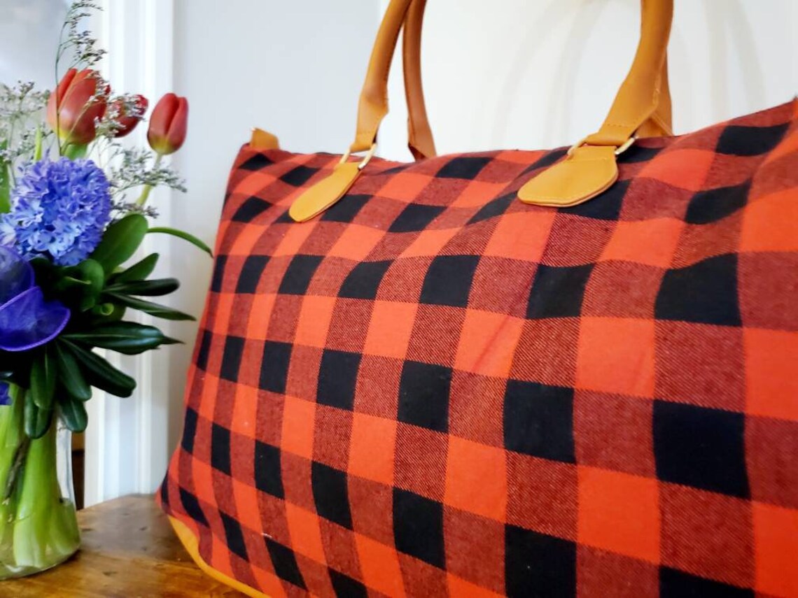 Red Buffalo Plaid Weekender Tote Overnight Bag With Shoulder | Etsy