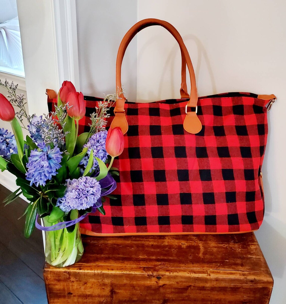 Red Buffalo Plaid Weekender Tote Overnight Bag With Shoulder - Etsy Canada