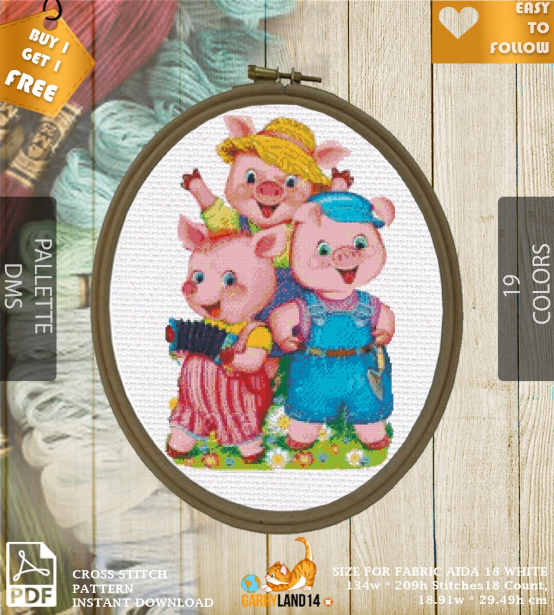 Three Little Pigs сartoon Cross Stitch Pattern Pdf, Stitch Design ...