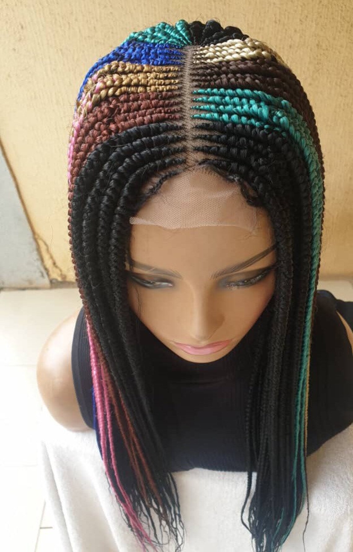 Braided Multi Colored Wig Closure Finish Handmade Centre Part ...
