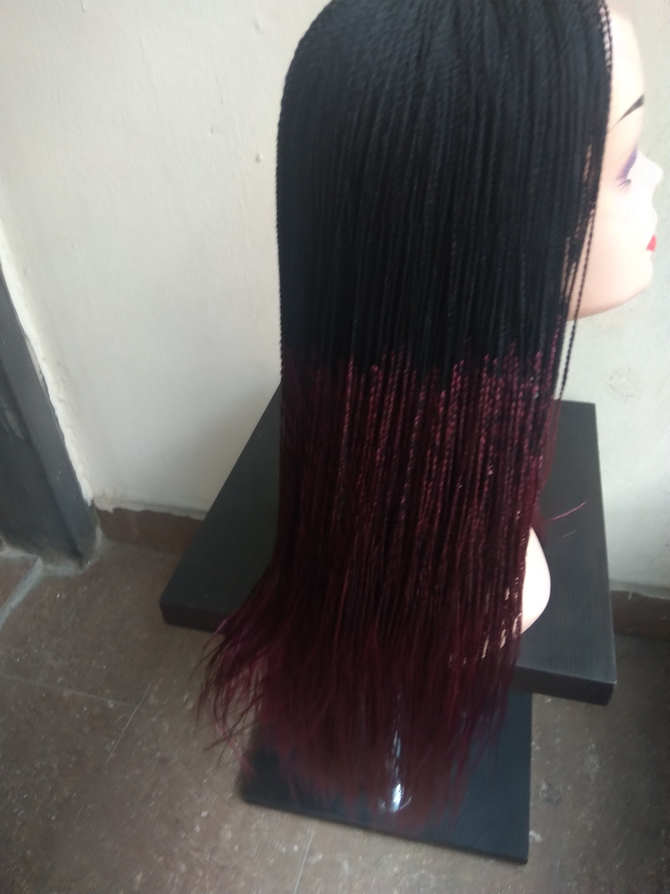 Micro Braided Handmade Twists Ombré Black And Wine Braided Wig Etsy
