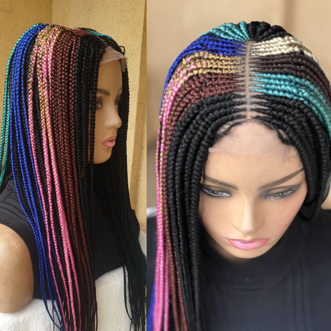 Braided Multi Colored Wig Closure Finish Handmade Centre Part - Etsy