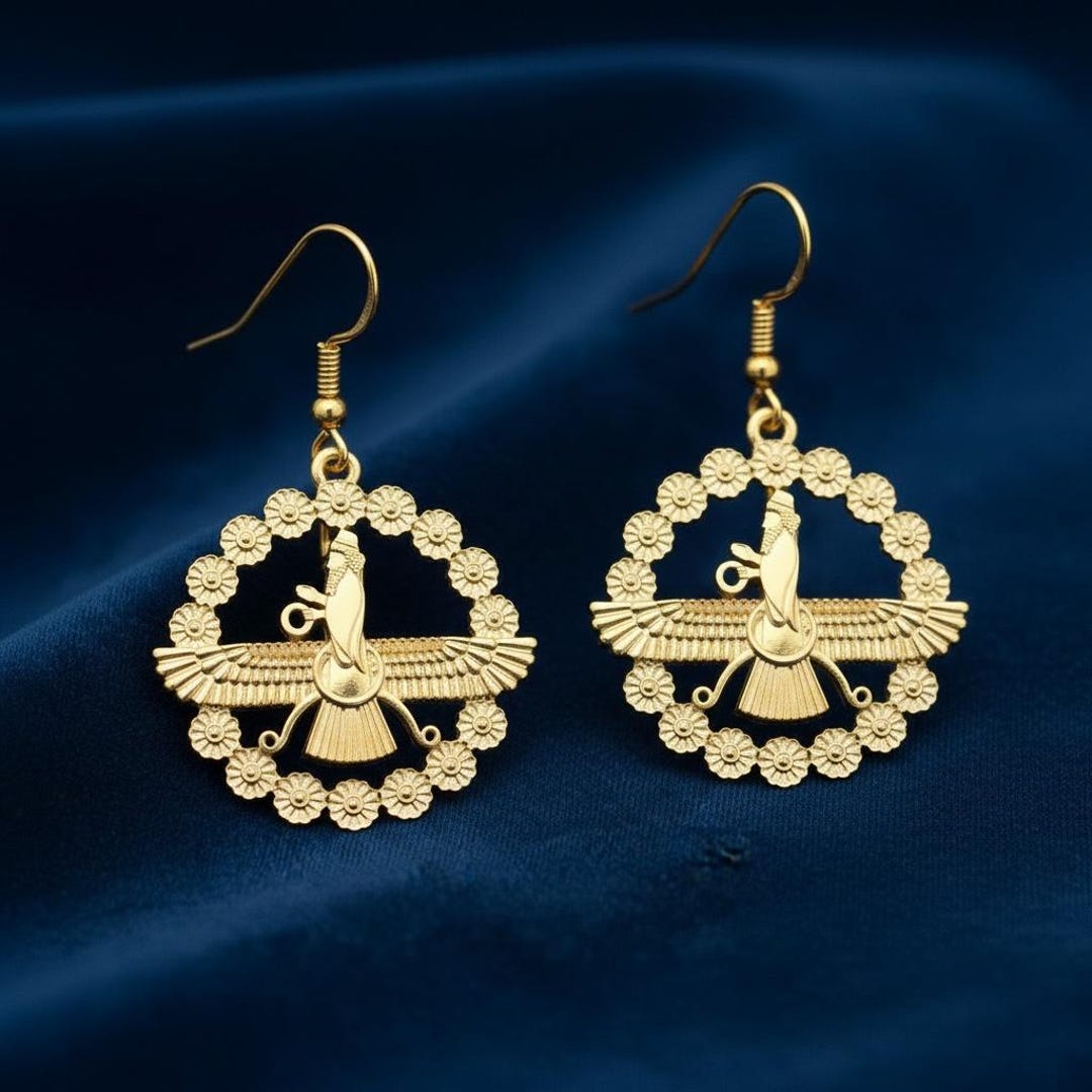 22K Gold Plated Farvahar Red Earring 925 Silver Ancient Persian Farsi ...