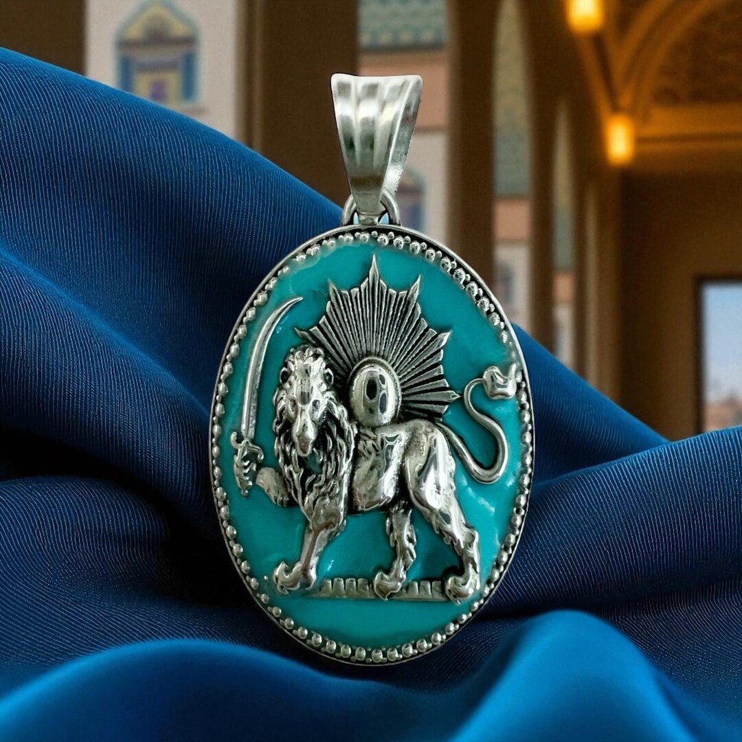 Turquoise Lion & Sun Sterling Silver Pendant: Persian Pahlavi Farsi ...