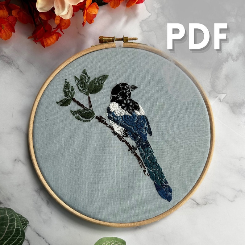 Black-billed Magpie Embroidery Pattern: Floral Bird Design (PDF Pattern ...