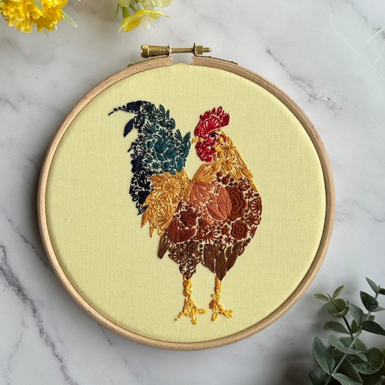 Floral Rooster Embroidery Pattern: Rustic Farm Decor (PDF Pattern) - Etsy