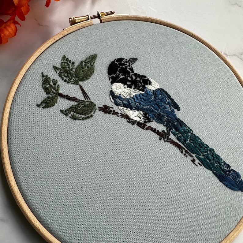 Black-billed Magpie Embroidery Pattern: Floral Bird Design (PDF Pattern ...