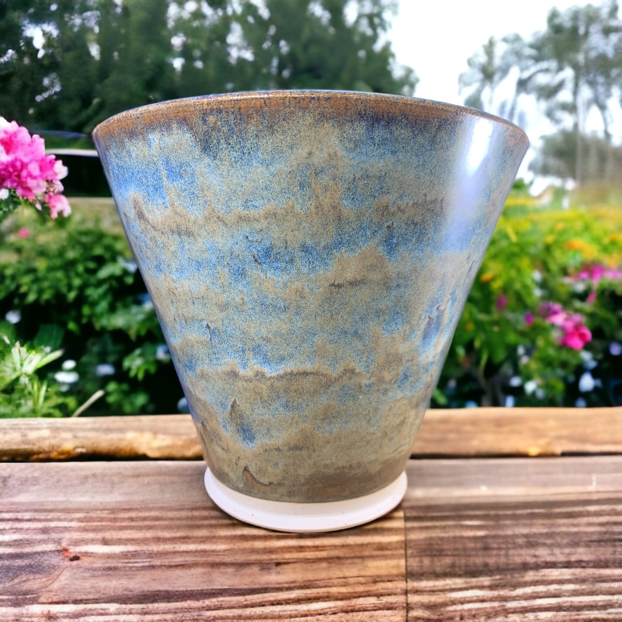 Vase - Ceramic V Shaped Vase in Soft Blue, Brown Caramel Glaze - Etsy