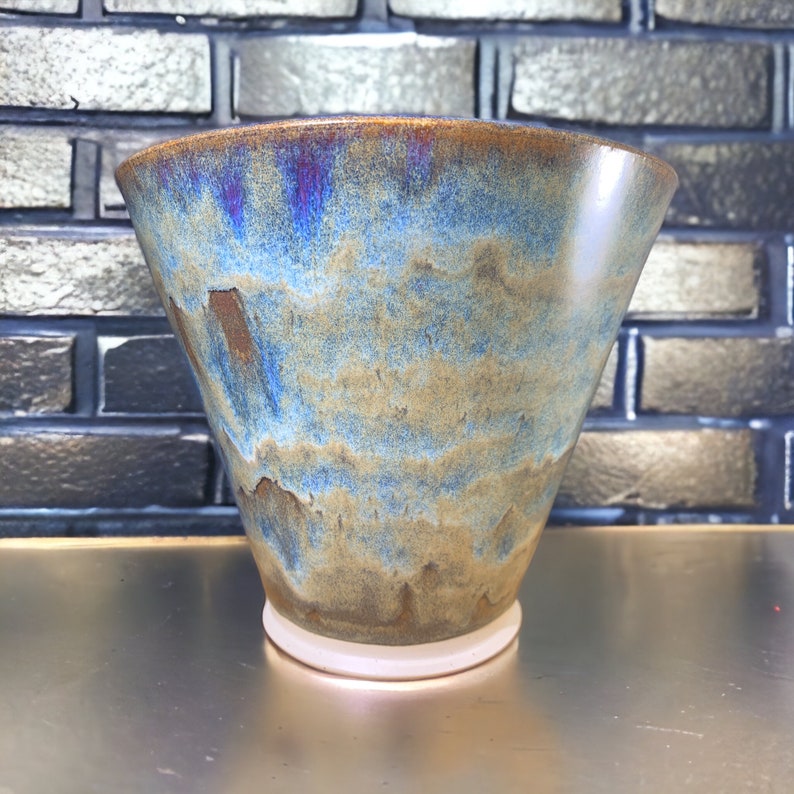 Vase - Ceramic V Shaped Vase in Soft Blue, Brown Caramel Glaze - Etsy