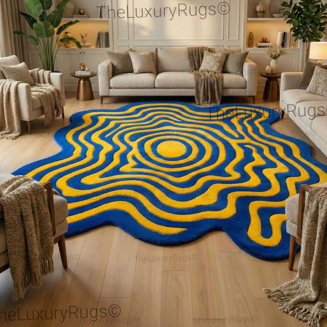 Hand-tufted Wool Blue Yellow Rug, Abstract Wavy Modern Irregular Living ...