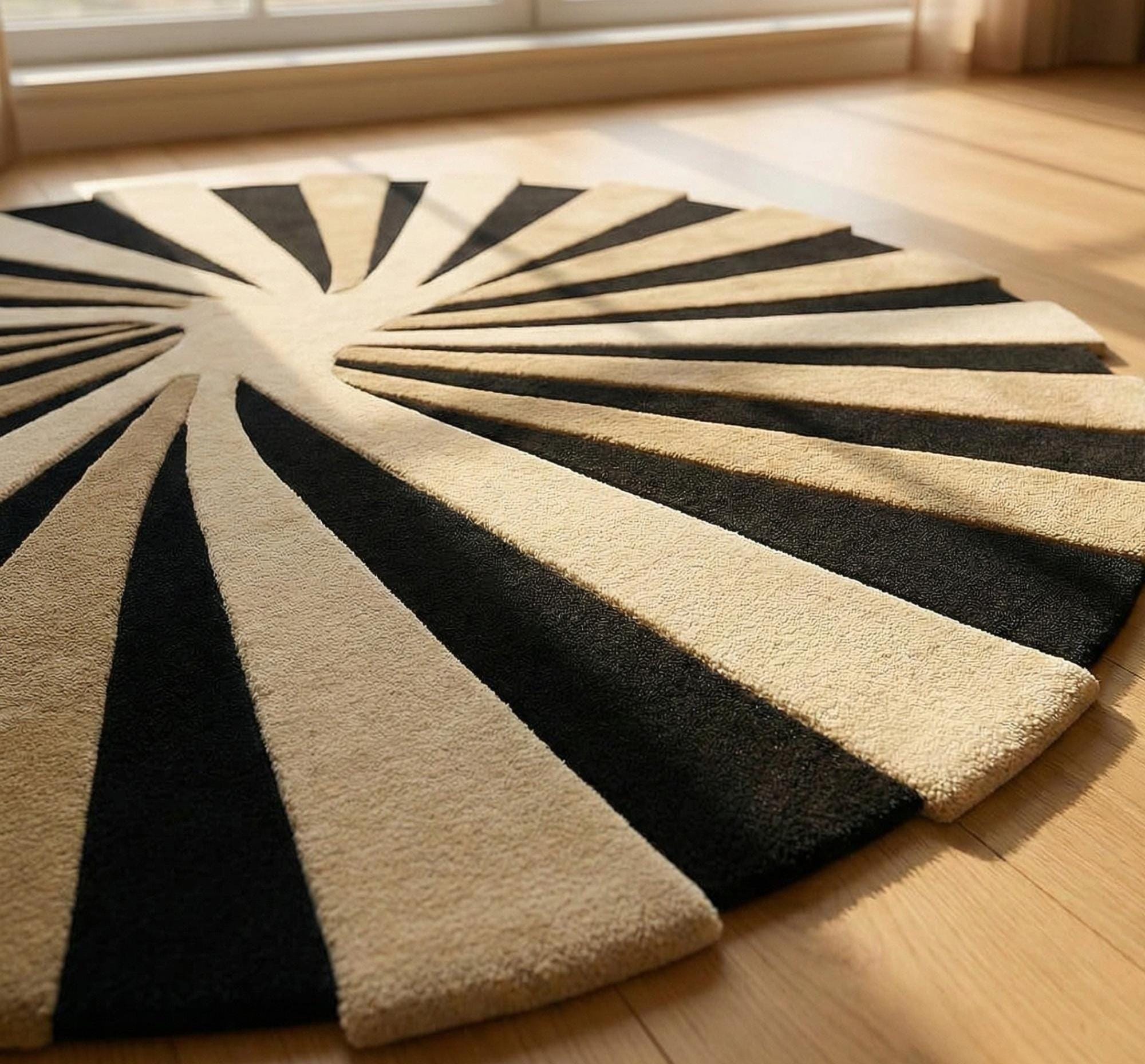 Hand-tufted Wool Sunburst Rug: Black & Beige Circle Carpet Unique ...