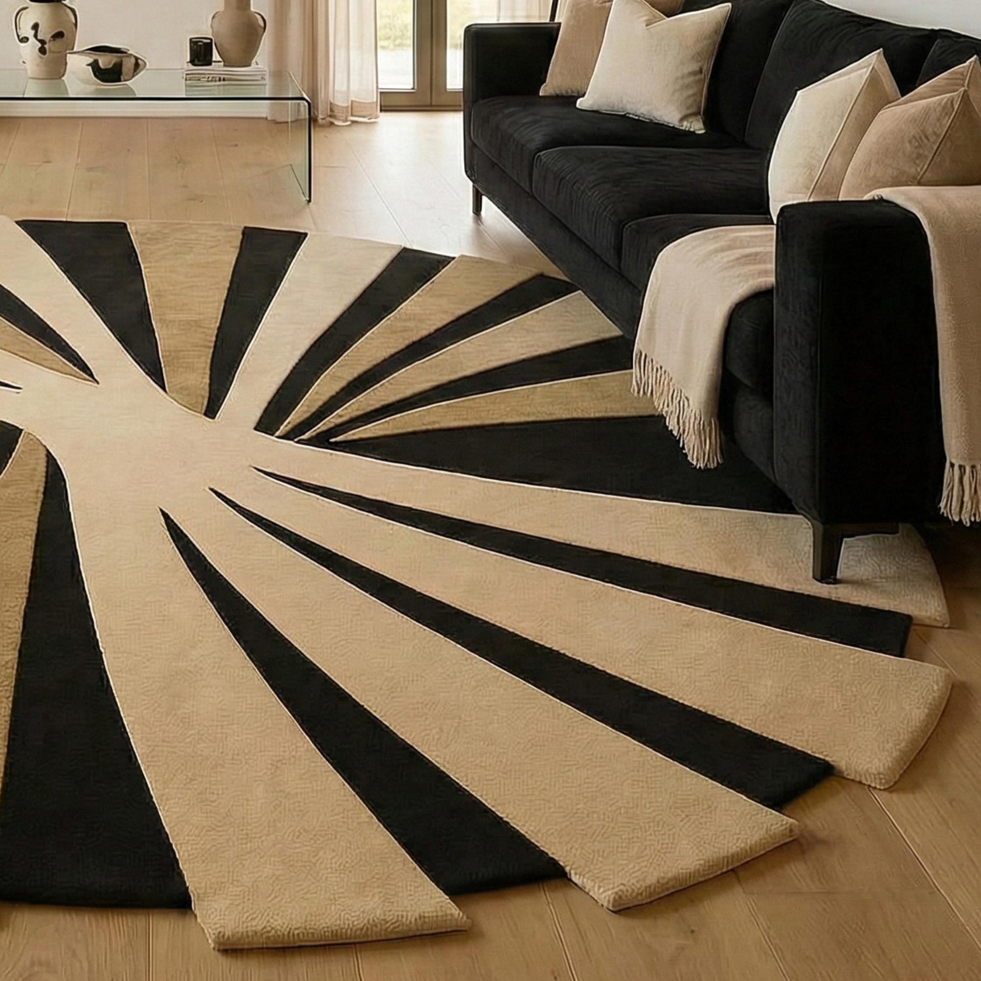 Hand-tufted Wool Sunburst Rug: Black & Beige Circle Carpet Unique ...